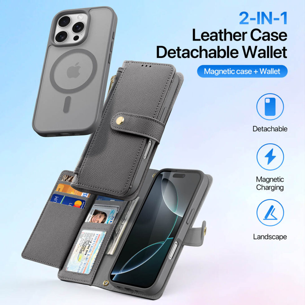iPhone 16 Pro Max Detachable Wallet Case Grey NZ | Lawa Series